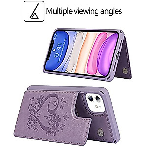 Jaorty for iPhone 11 Wallet Case with RFID Blocking Card Holder for Girls Women,Premium PU Leather Magnetic Buttons Stand Flip Wrist Strap Case for iPhone 11 6.1 Inch,Heart Purple