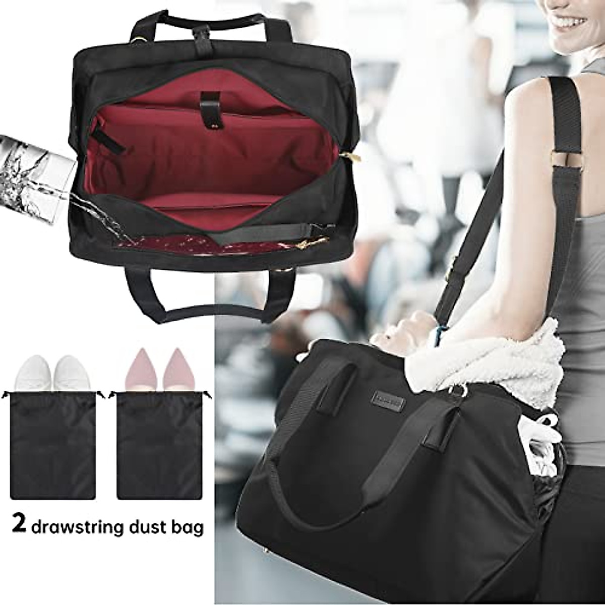 CHICECO Travel Yoga Gym Bag for Women, work tote bag,2 x Separate shoe bag,Wet Dry Storage Pockets,Carryall Sports Duffle Bag, Black(Yoga Mat Not Included)