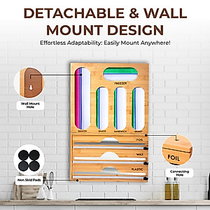 PANDAWOOD 8 IN 1 Storage Bag Organizer for Kitchen Drawer - Bamboo Plastic Bag Organizer - Foil Plastic Wrap Organizer Dispenser with Cutter - Baggie Organizer for Drawer - Sandwich Bag Organizer