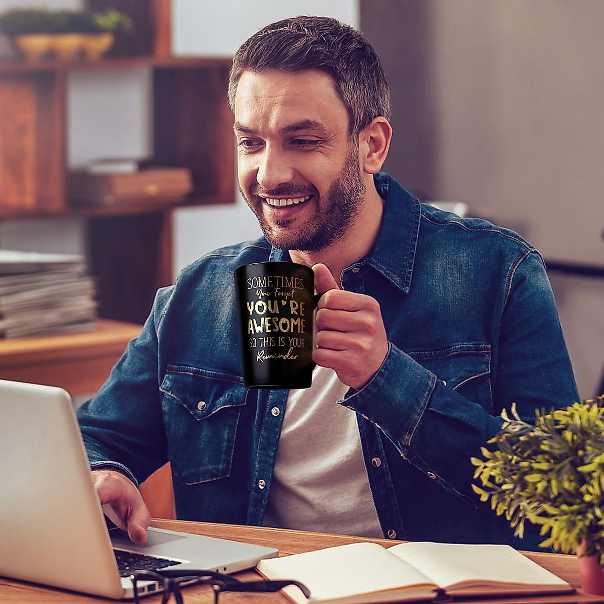 Christmas Birthday Thank You Gifts for Men, Sometimes You Forget You're Awesome - 14oz Unique Black Ceramic Inspirational Mug with Gold Print, Present for Boyfriend Husband Employee, Nice Gift Boxed