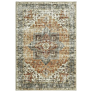 Zacoo Boho Area Rug 5x7 Washable Rug Vintage Soft Distressed Print Carpet Oriental Non-Slip Stain Resistant Low-Pile Throw Thin Bedroom Rugs for Living Room Dining Room Brown/Grey