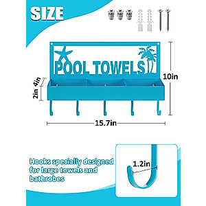 Pool Towel Rack - 2-in-1 Outdoor Poolside Beach Washcloth Drying Rack Holder, Wall Mounted Metal Hooks Decor for Bath Towel Storage, Robe Swimsuit, Coat, Bags, Phone, Keys - Blue
