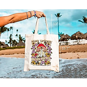 GXVUIS Stay Trippy Little Hippie Canvas Tote Bag for Women Aesthetic Flowers Mushrooms Boho Reusable Grocery Shoulder Bags White