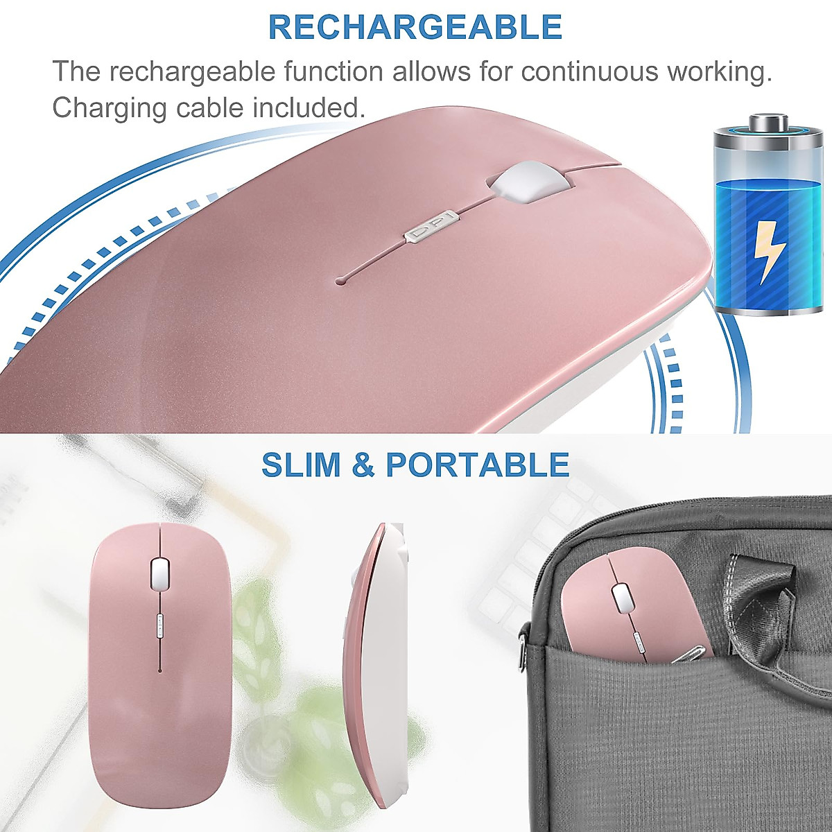 Bluetooth Wireless Mouse for MacBook Air Mac Pro Laptop Computer iPad Pad PC Laser Optical Rechargeable Mini Slim Silent Mouse Widely Used Desktop Hp iMac (Rose Gold)