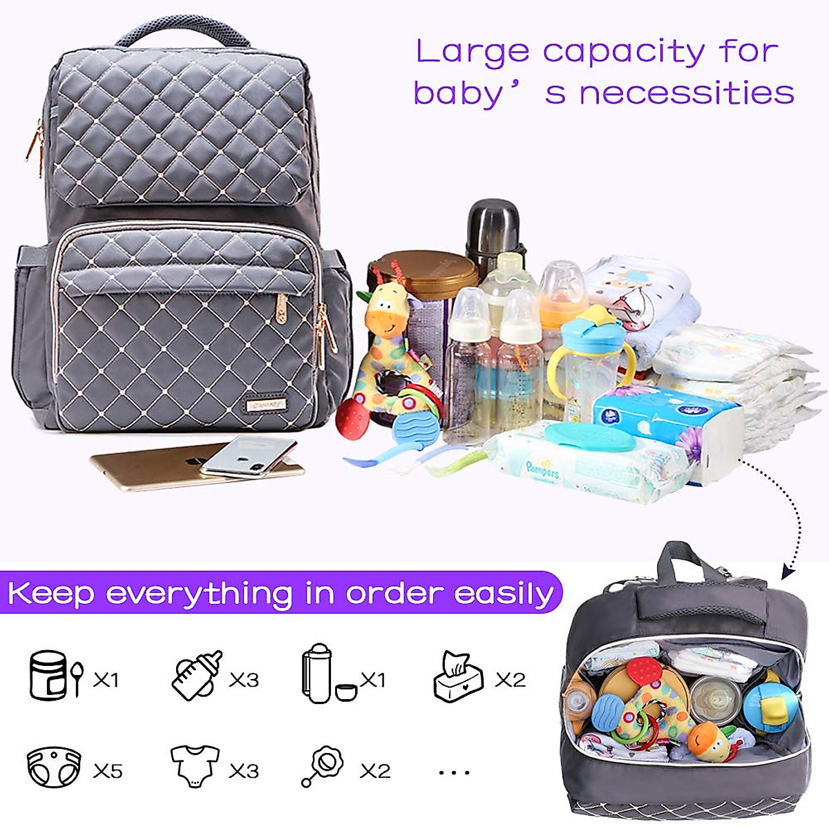 Bamomby Diaper Bag Backpack, Multi-Function Travel Backpack Bags,Registry Baby Shower Gifts (Gray)