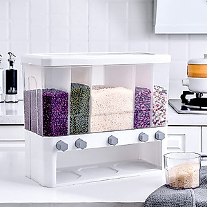GNJINX Multi-Purpose Dry Food Dispenser with Measuring Cup - 5-Grid Design for Rice, Cereal, Flour, Beans and More - Perfect for Kitchen Storage and Organization