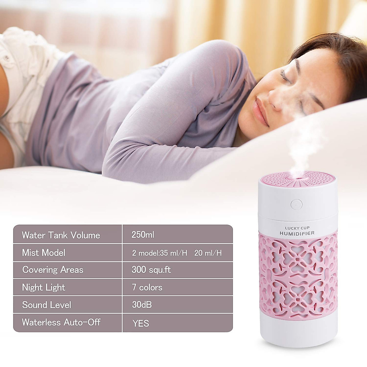 Portable Humidifiers Car Humidifier Cool Mist Humidifying for Kids Rooms Travel Office Bedroom with High and Low Mist Settings 7 Colors Night Light Auto Shut-Off 250ml Pink