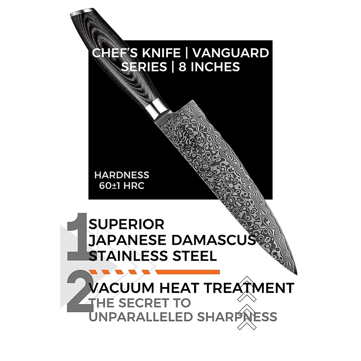 Cuttana Chef's Knife - 8-Inch - Vanguard Series - 67-Layer Damascus VG10 Japanese Steel - Including Wooden Sheath and Gift - Box Professional Kitchen Chef's Knife, Ergonomic Pakkawood Handle