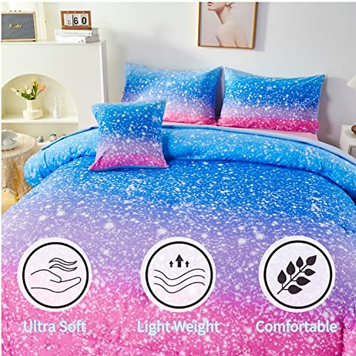 RYNGHIPY 6Pcs Sparkle Gradient Glitter Comforter Sets, Ombre Indigo Pink Gradient Bedding Set for Boys Girls, Rainbow Bed in A Bag Twin Size