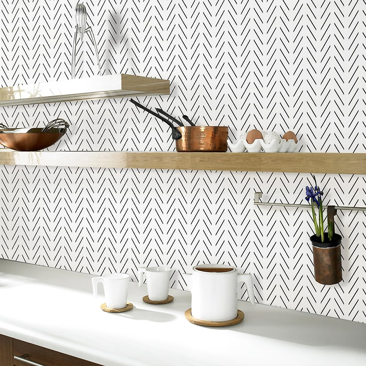 Erfoni Black and White Peel and Stick Wallpaper Modern Herringbone Contact Paper Bathroom 17.7inch x 118.1inch Geometric Removable Wall Paper Peel and Stick Self Adhesive Contact Paper