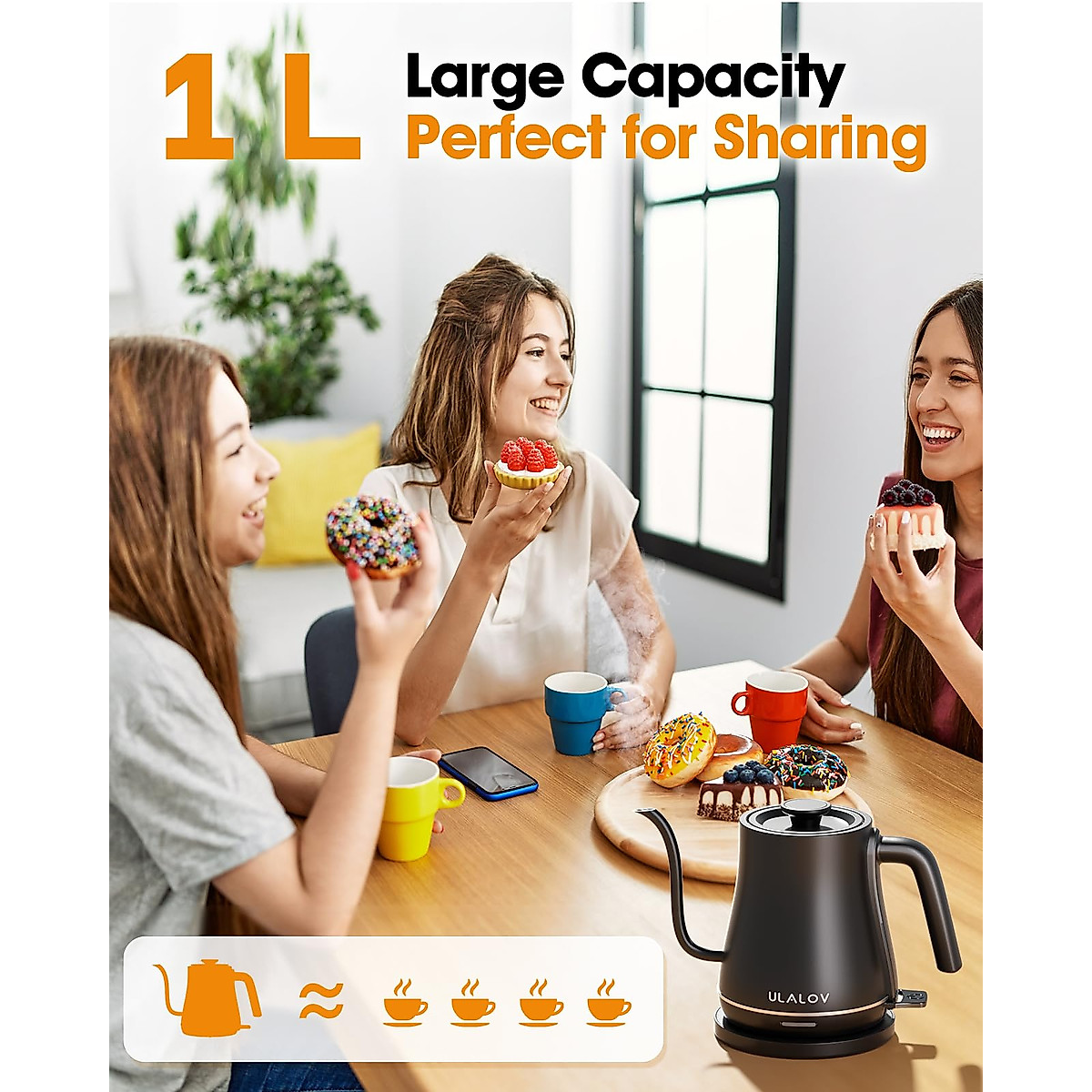 Ulalov Electric Gooseneck Kettle Ultra Fast Boiling Hot Water Kettle 100% Stainless Steel for Pour-over Coffee & Tea, Leak-Proof Design, Auto Shutoff Anti-dry Protection, 1200W-0.8L, Matte Black