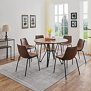 Round Dining Room Table Set with 6 Armless Upholstered Chairs 48"D Circle Kitchen Table with Metal Eedge Tabletop for Dining Room Home Kitchen, Dark Walnut+Black&Light Wheat-6P YCZ2012BW+1179LT