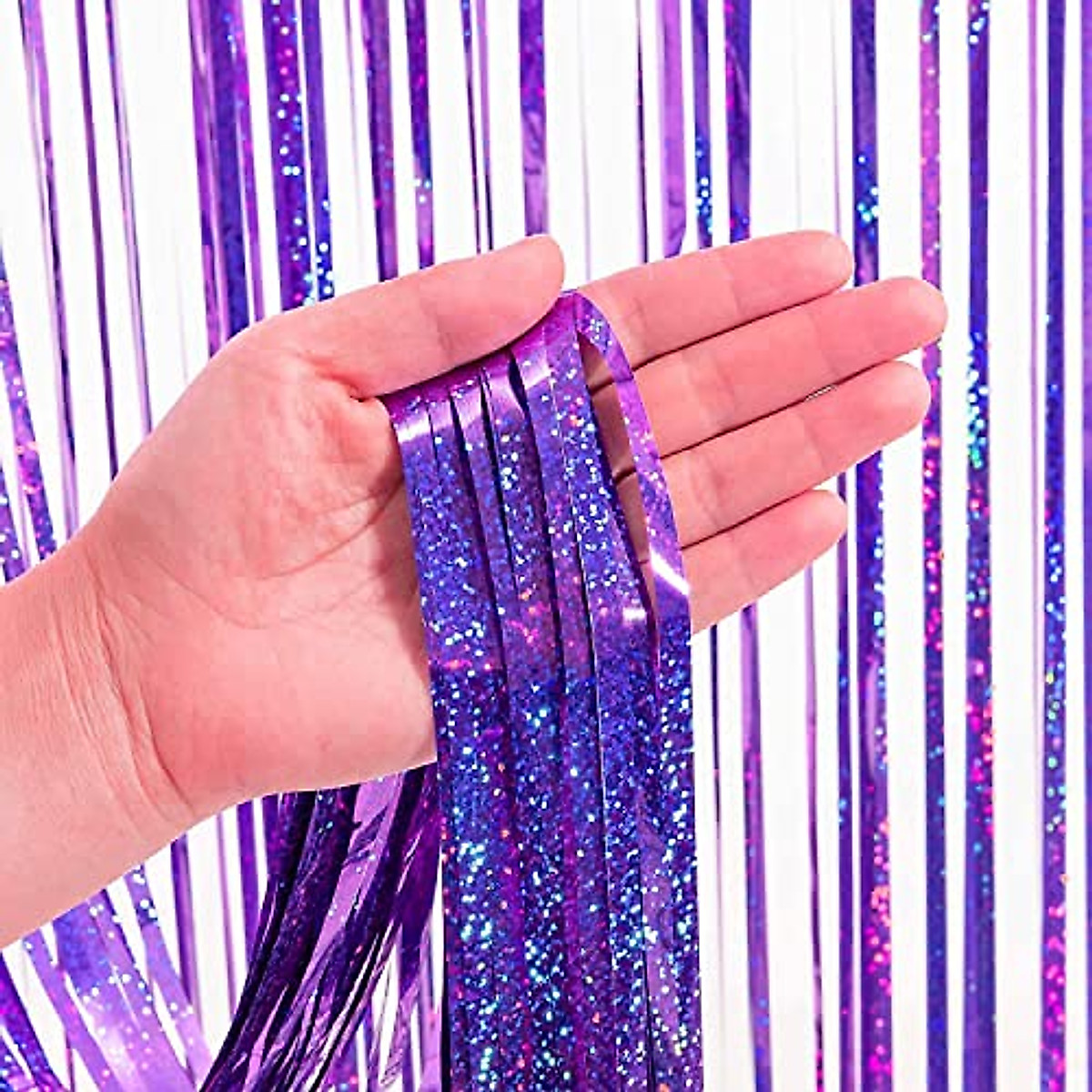 BRAVESHINE Party Decoration Foil Fringe Backdrops - 3.2 ft x 8.2 ft Metallic Tinsel Photo Booth Pros Streamer Curtains for Birthday Wedding Christmas Bridal Bachelorette Decorations - 1 Purple 1 Pink