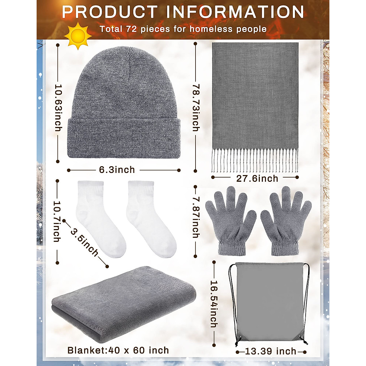 Jecery 72 Pieces Homeless Care Package Supplies Winter Coral Fleece Blanket Gloves Socks Beanies Scarves and Drawstring Bags Bulk for Winter Homeless Care