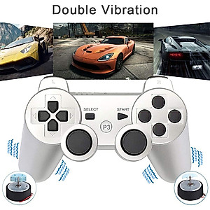 Rzzhgzq 2 Pack PS3 Wireless Controller Playstation 3 Controller Wireless Bluetooth Gamepad with USB Charger Cable for PS3 Console (SILVER+RED)