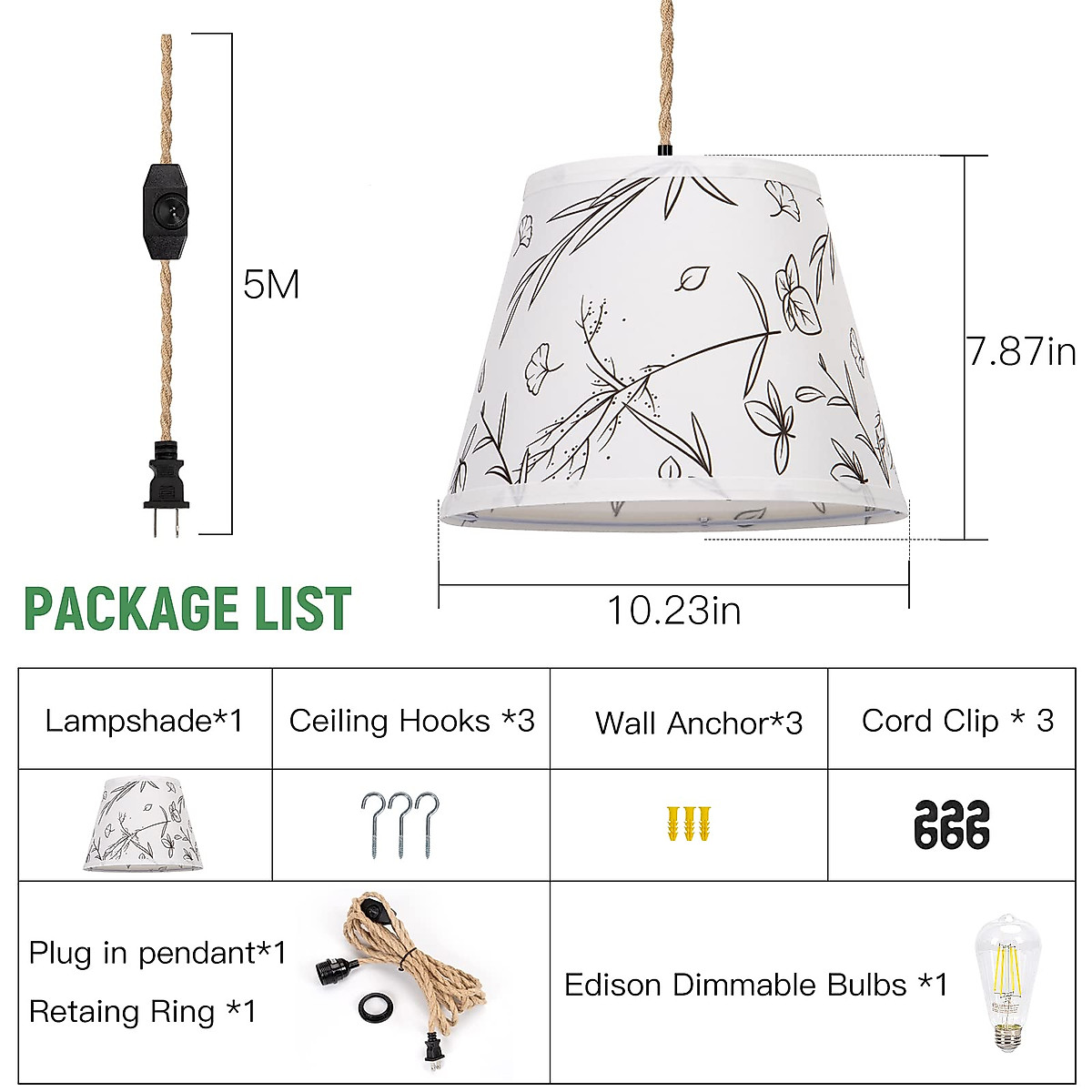 Dexnump Plug in Pendant Light, Hanging Light with Plug in Cord Dimmable Switch, Hanging Lamp with 15 ft Hemp Rope Cord, Pendant Light Fixture for Bedroom Kitchen Island Living Room (Bulb Included)