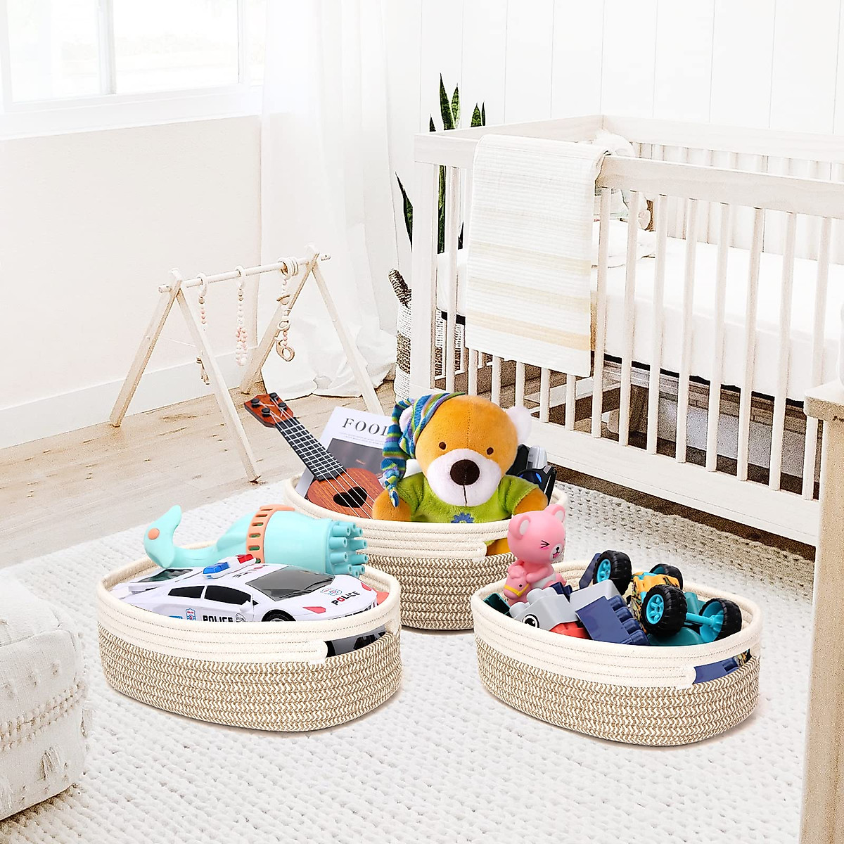 HLWDFLZ 7 Piece Cotton Rope Woven Basket Set - Woven Storage Basket Pets Toy Cotton Rope Basket for Organizing, Small Basket for Montessori, Dog Cat Toy Box, Baby Nursery (Off White/Brown)