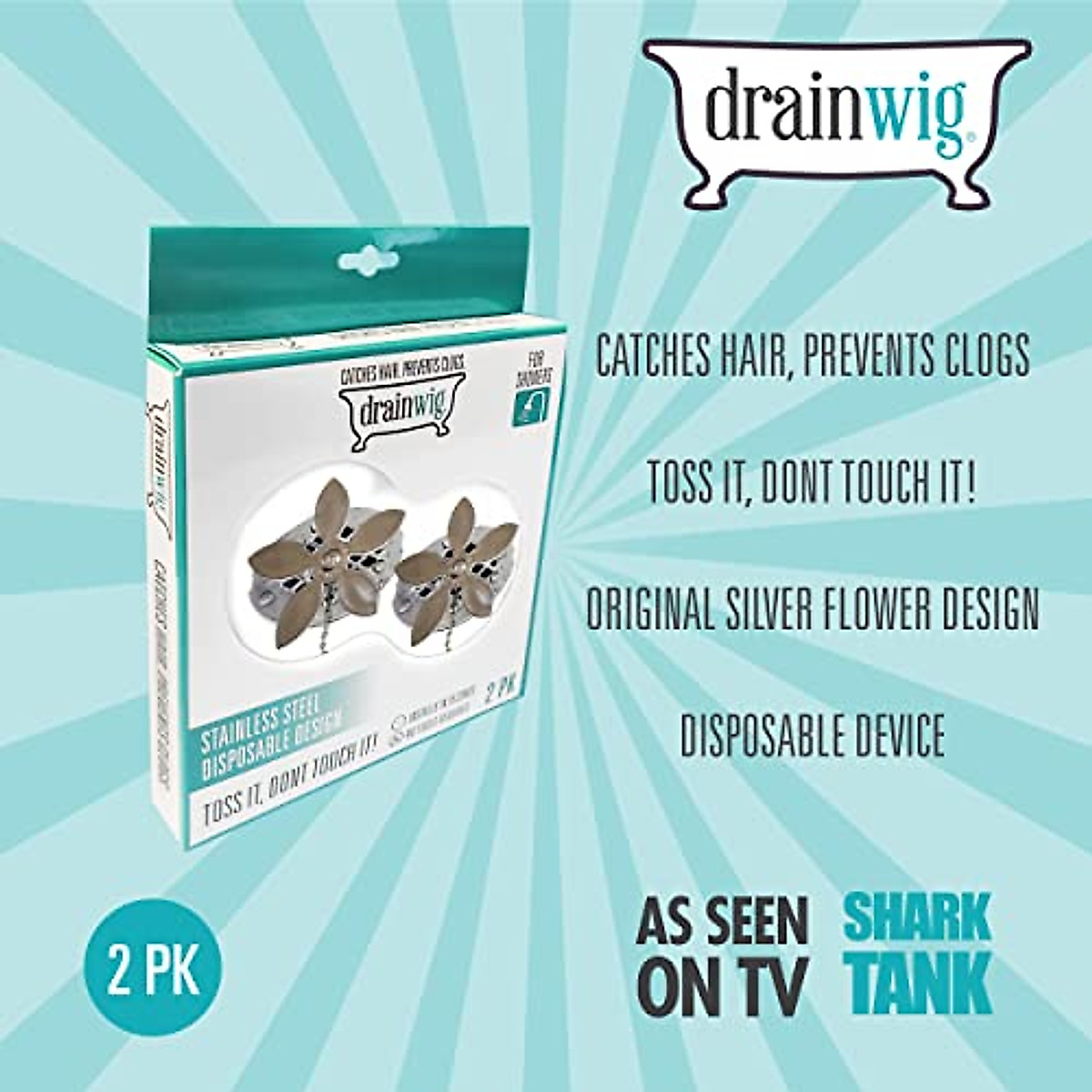 DrainWig Shower Drain Hair Catcher, Disposable Drain Protector, Silver Flower, 2 Pack