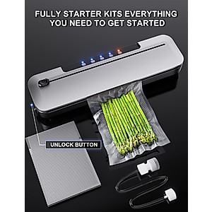 Vacuum Sealer Machine,75KPa Suction Power Food Vacuum Saver with Starter Kits with 10 Bags, Automatic Vacuum Sealer for Food Storage, Outside Cutter,Moist&Dry Mode