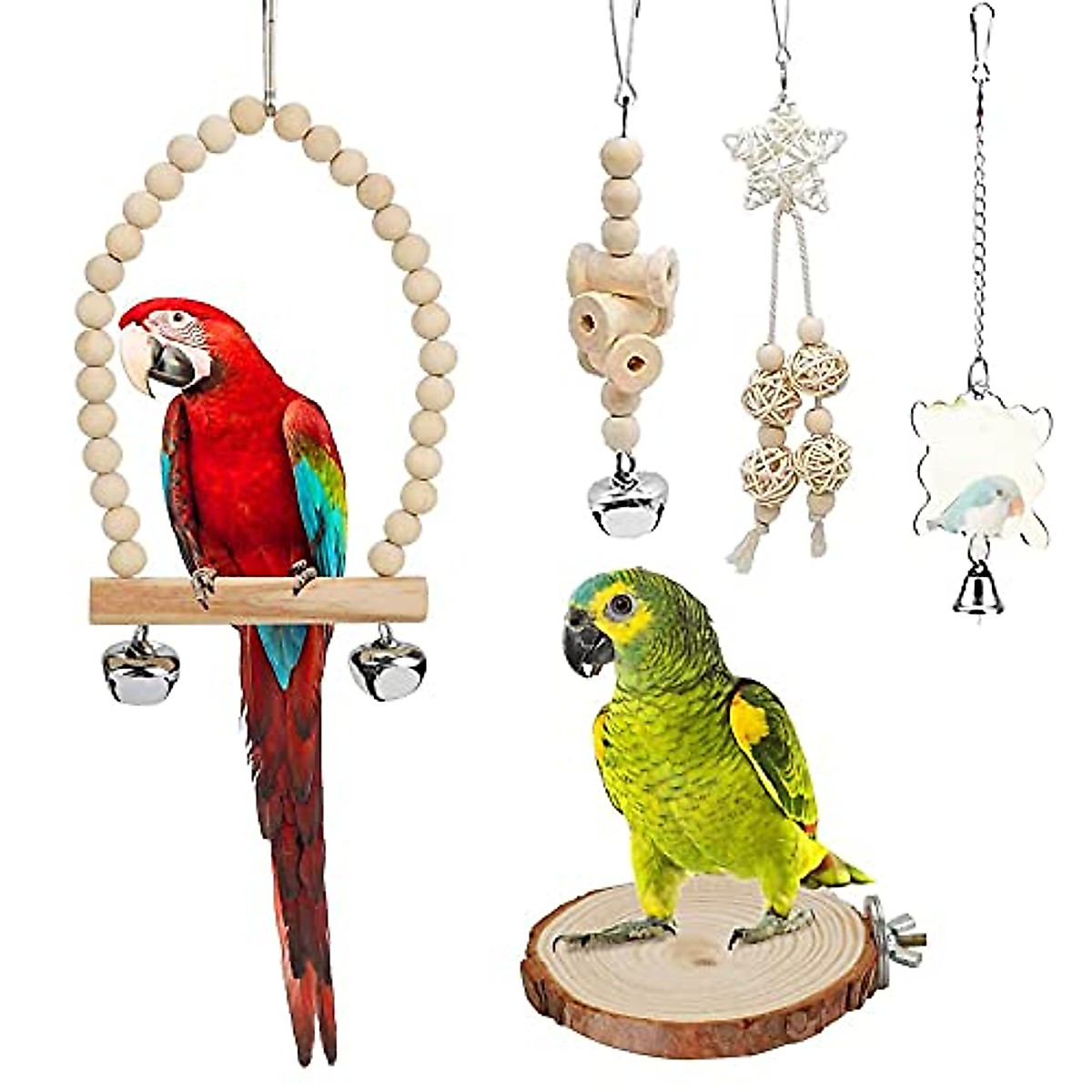 TOLMIOW 9 Pieces Parrots Chewing Natural Wood and Rope Bungee Bird Toy for Anchovies, Coconut Hideaway with Ladder ,Bird Perch Stand, Bird Cage Accessories, Parakeets, Cockatiel, Conure, Mynah, Macow