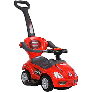 ChromeWheels 3 in 1 Ride on Toys Push Car with Guardrail, Mega Car for Toddlers, w/Handle, Horn, Music, Color Red
