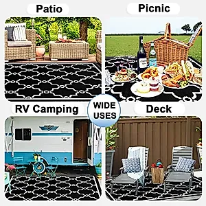 OutdoorLines Outdoor Reversible Rugs for Patio 4x6 ft - Outside Plastic Carpet, Stain & UV Resistant Portable RV Mat, Straw Rug for Camping, Backyard, Deck, Picnic, Porch Moroccan Black & White