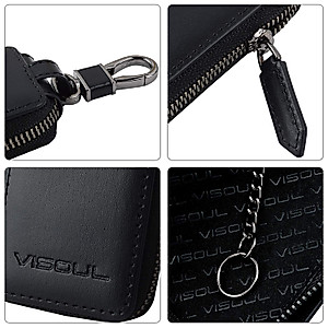 VISOUL Car Key Case, Italy Leather Car Smart Key Fob Zipper Case with Keychain and Metal Hook (A02-Black)