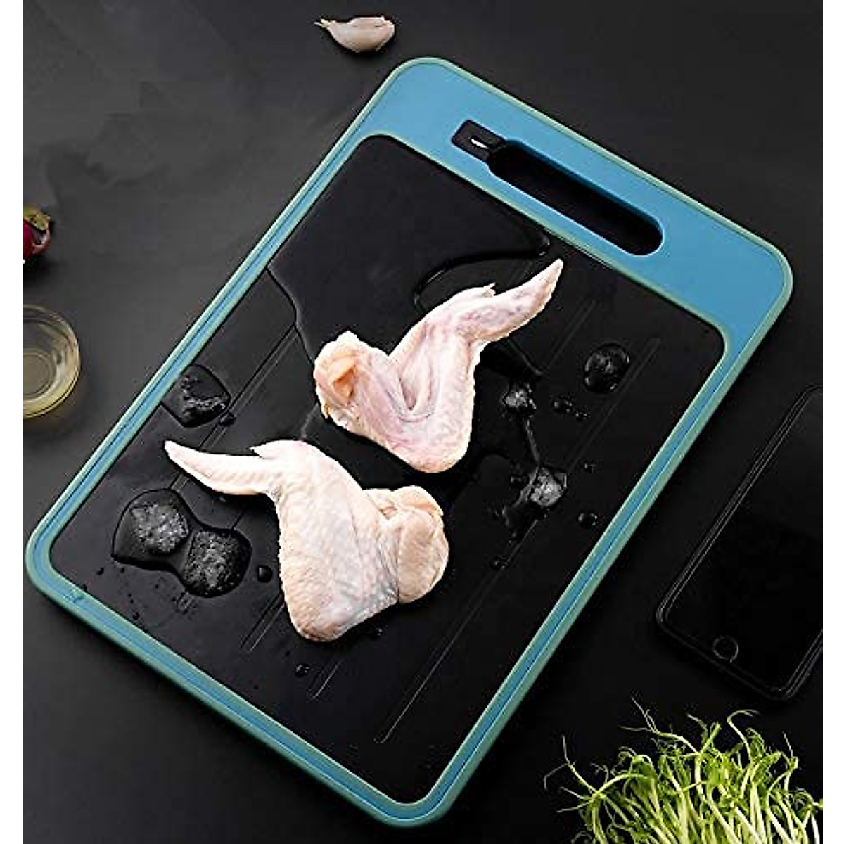 Defrosting Tray - 2-in-1 Meat Thaw Mat and Cutting Board - Groove Tray - Non-Stick Thawing Plate - Meat Cutting Board - No Heat Miracle Thaw - Compact - Knife Sharpener, Zester - Green/Blue