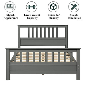 Merax Full Bed Frame,Wood Platform Bed with Headboard,Full Size Bed Frame for Kids,No Spring Box Needed (Grey Full Bed)