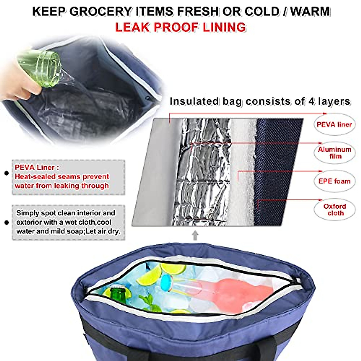 BeeGreen Cooler Bag Insulated Grocery Bags Large Freezer Shopping Cooler Tote for Travel Groceries Beach Thermal Food Delivery Bag to Keep Frozen Food Cold and Hot Food with Zipper Navy Innovations