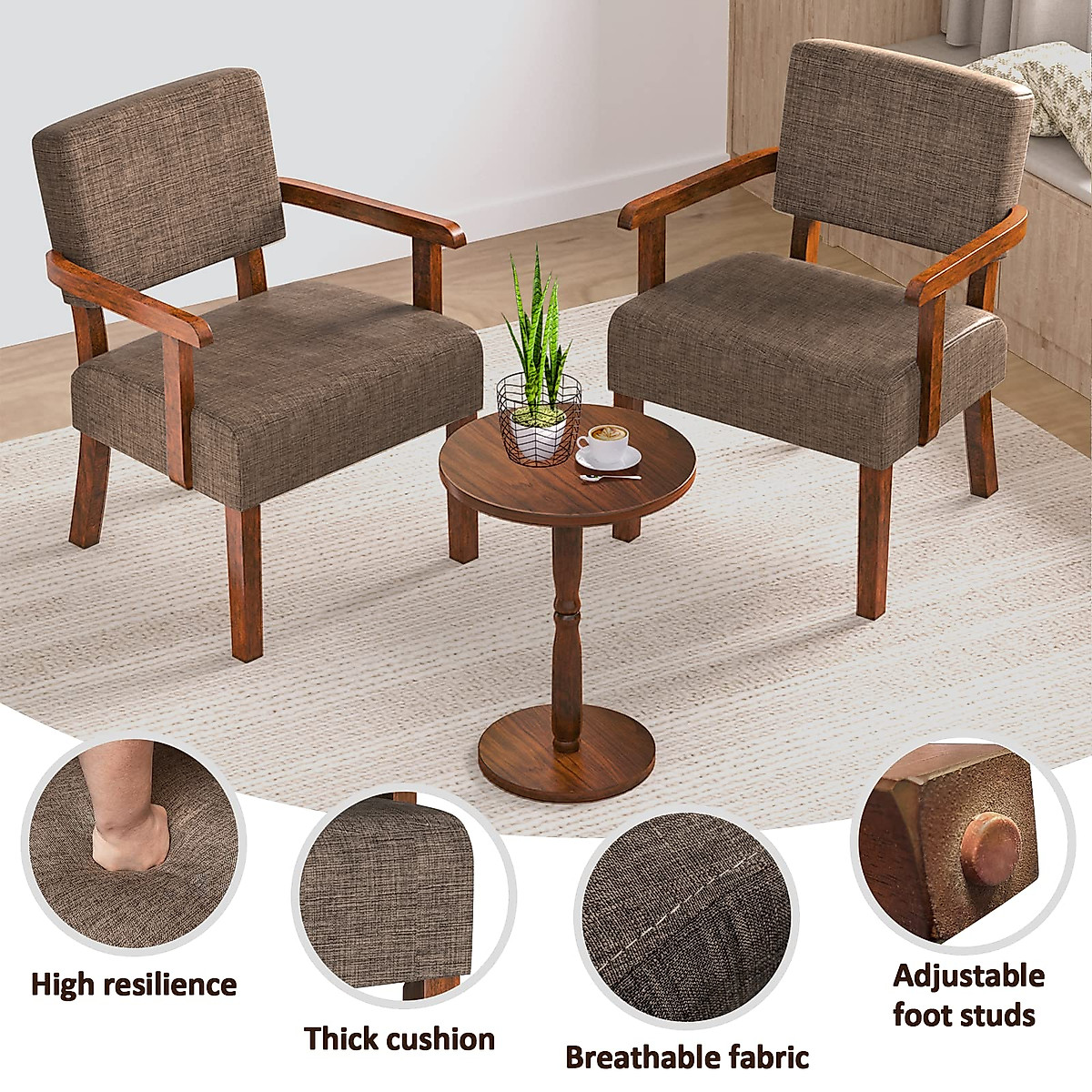FAGAGA Accent Chair Set of 2 with Table, Living Room Chairs with Soft Seat & Armrests for Living Room Bedroom Reading Room Waiting Room (Brown), (AC01)
