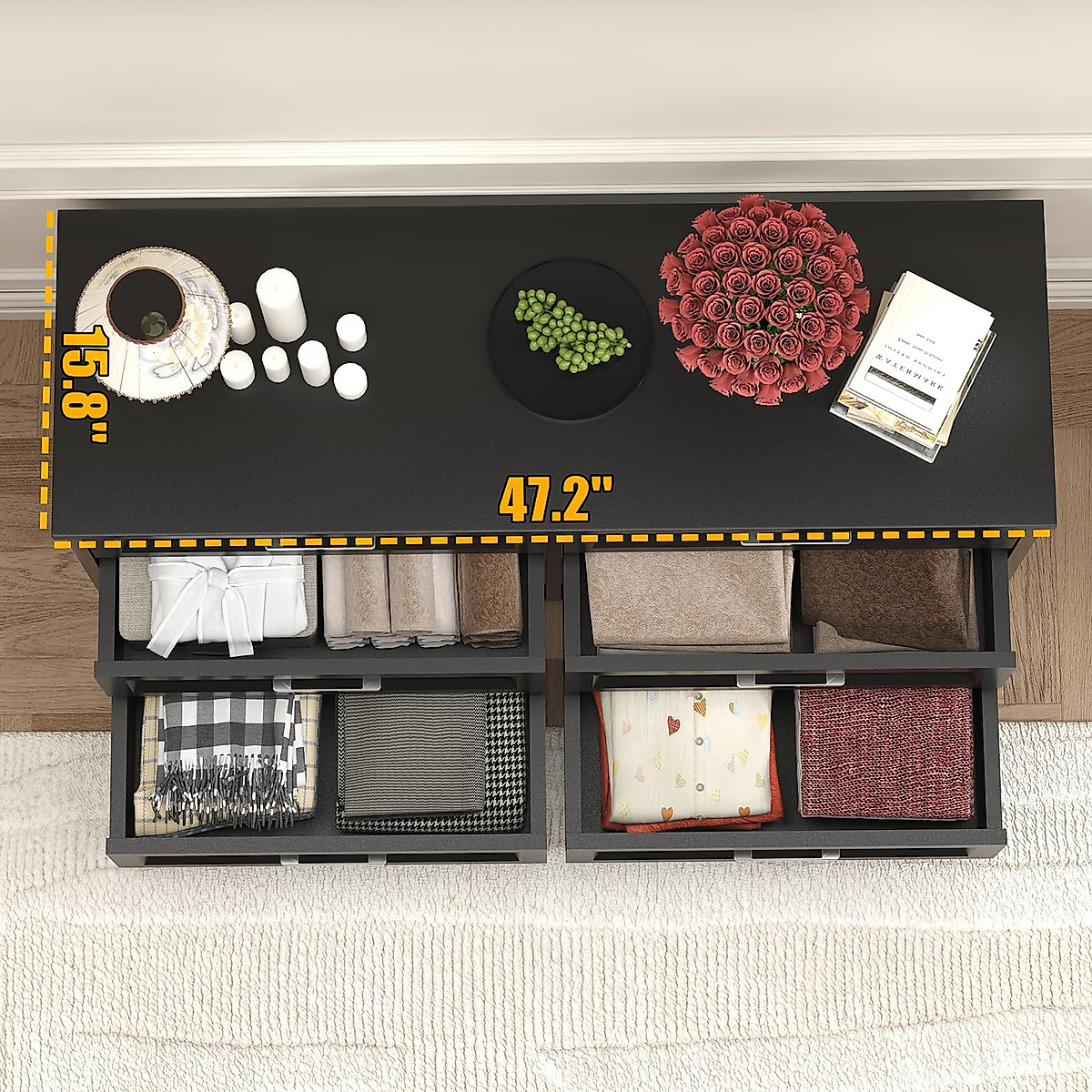 IKENO 6 Drawer Double Dresser for Bedroom, Wood Dressers & Chest of Drawers for Living Room, Entryway, Storage Closet Dressers with Wide Drawers & Metal Handle, Black