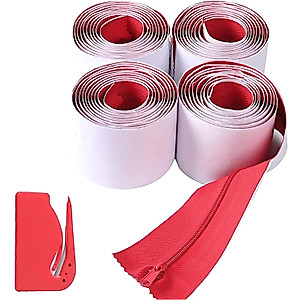 (4-Pack) Heavy-Duty Dust Protector Zipper - Self-Adhesive Instant Door Zipper - 7 Ft Length (3" Width) Zipper - Includes 4 Zippers and Plastic Sheeting Cutter Accessories (Red Color)