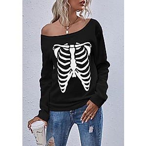 Womens Halloween Sweatshirt Lady Party Sexy Casual Tops Long Sleeve Funny Off Shoulder Wear Skeleton X-Large