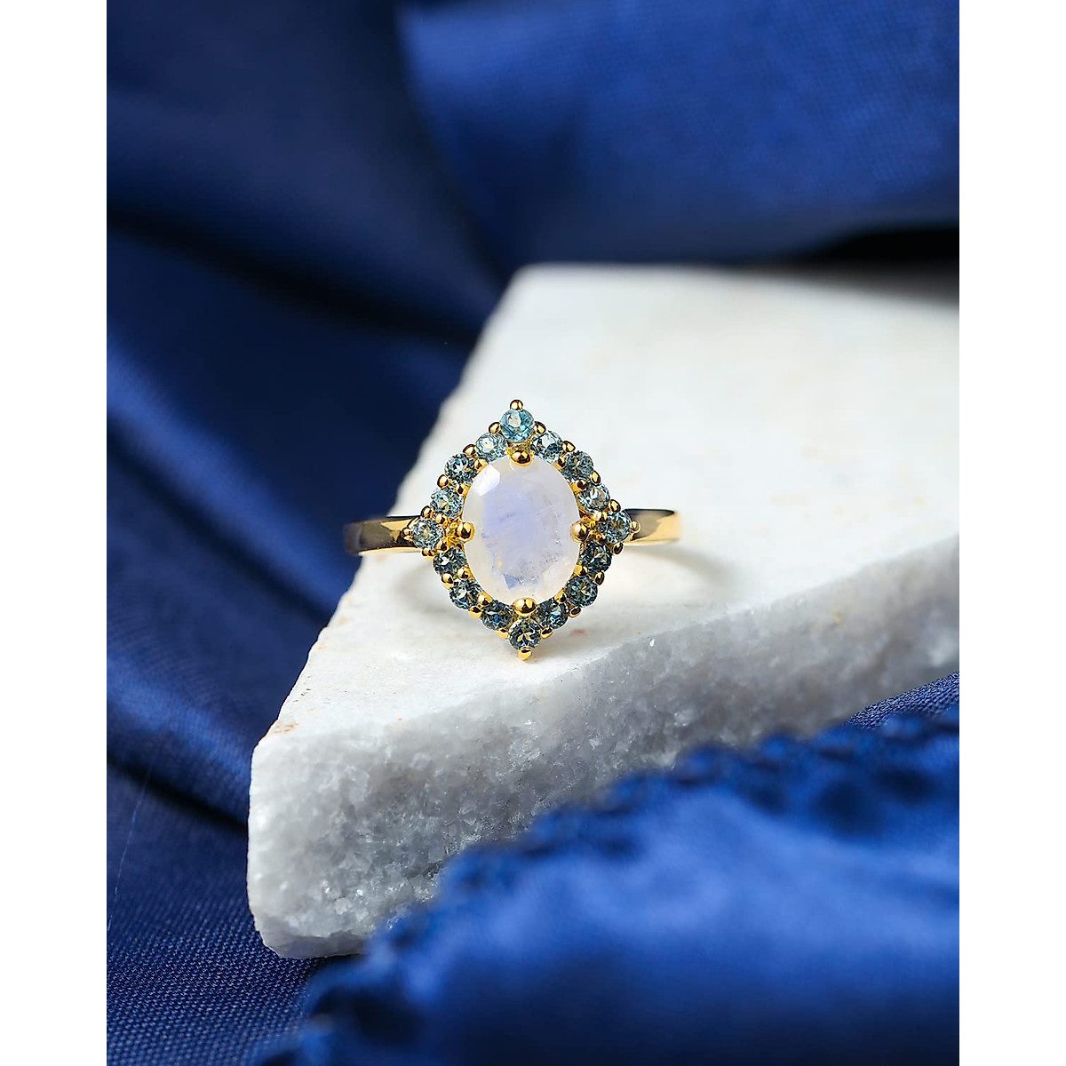 YoTreasure 2.01 Ct. Moonstone Blue Topaz 925 Sterling Silver Gold Plated Promise Ring