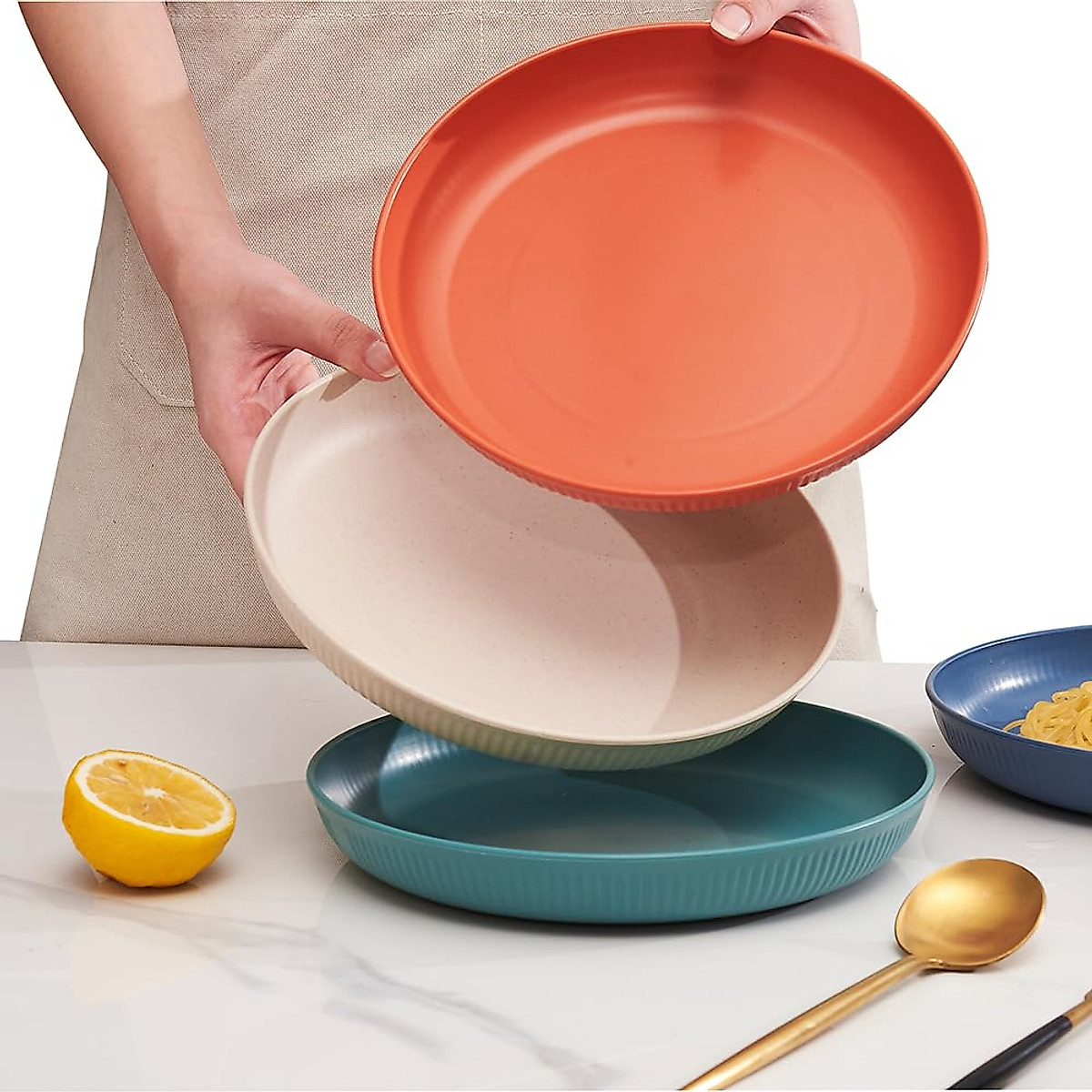 HXYPN 12 PACK 9 Inches Deep Dinner Plates Plastic Plates Reusable Unbreakable Kitchen Plate Sets Dishwasher and Microwave Safe Plates Wheat Straw Plates