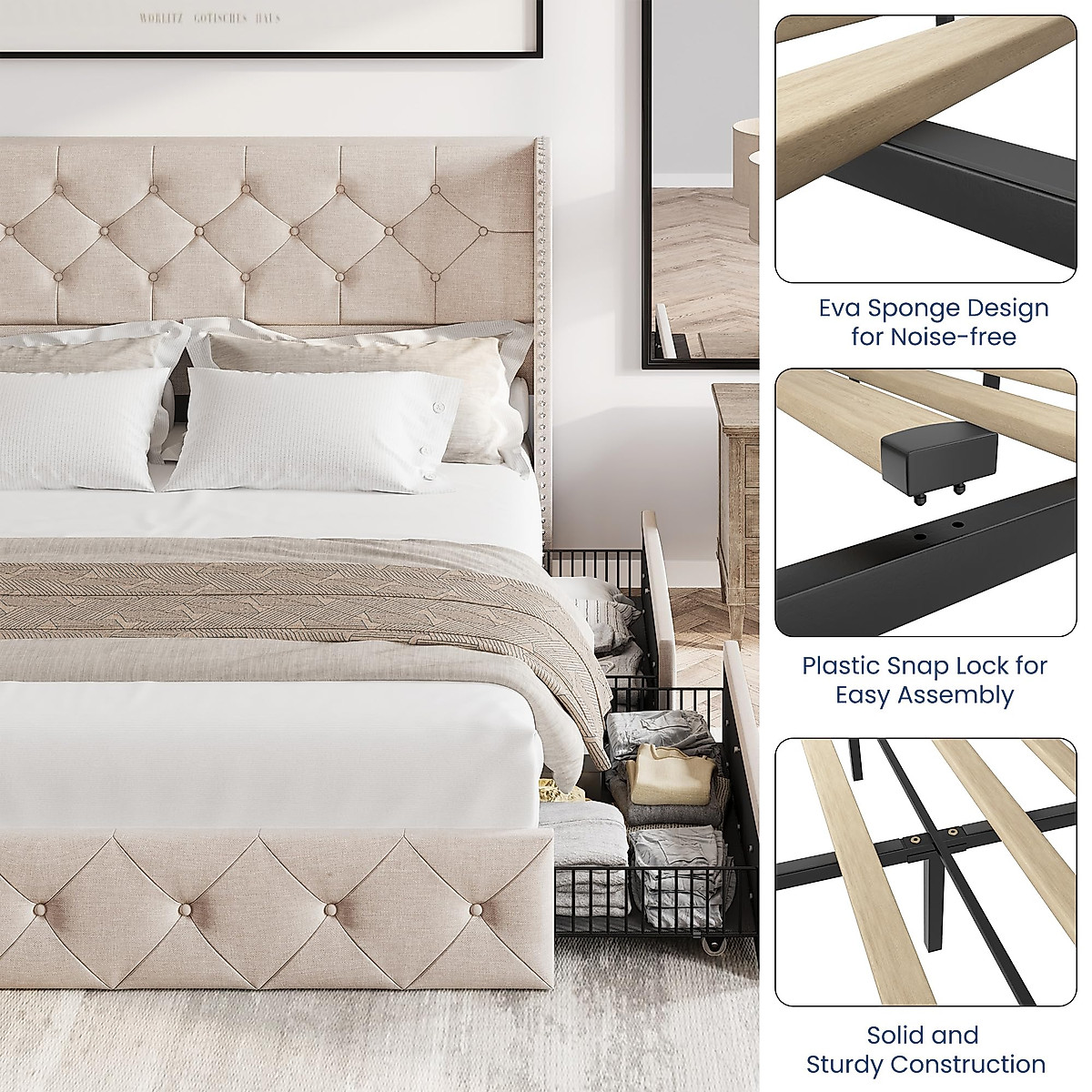 BRELTAM Queen Size Bed Frame with Storage Drawers and Wingback Headboard, Linen Upholstered Platform Bed Frame Tufted Beds with Wood Slats, No Box Spring Needed, Beige