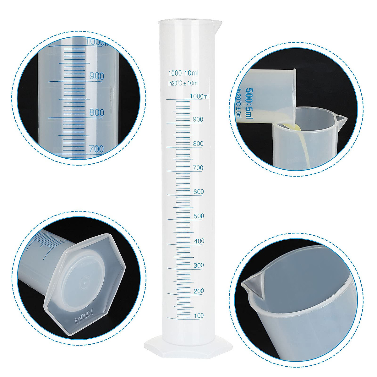 AKOLAFE 2 Pack 1000ml Plastic Graduated Cylinder, Transparent Measuring Cylinder Set, Science Measuring Test Tube Flask with 2-Sided Marking & Pour Spout, for Science Projects, Laboratory Supplies