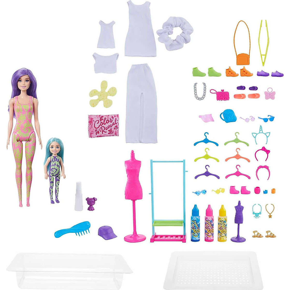 Barbie Color Reveal Toy Set, Tie-Dye Fashion Maker with Barbie & Chelsea Dolls & Accesssories, 50 Surprises Including Pets