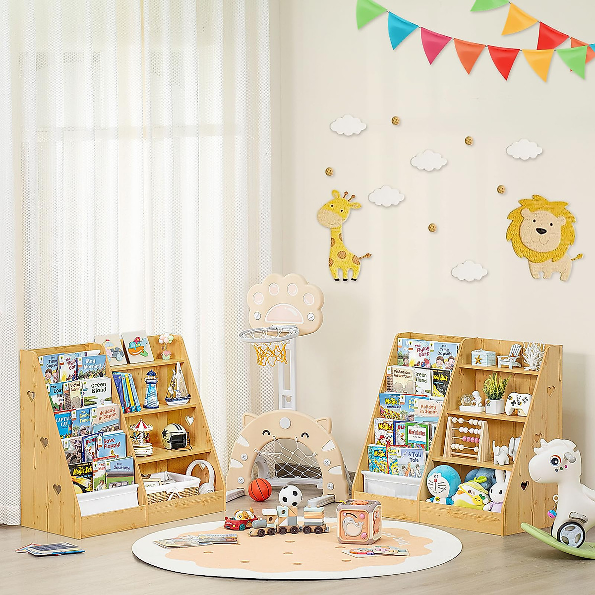 Lerliuo 4 Tier Kids Bookshelf and Storage Organizer, Five Layer Sling Children Bookcase, Baby Toddler Wooden Book Shelf, Display Cabinet for Playroom, Bedroom, Classroom, Nursery, School (Natural)