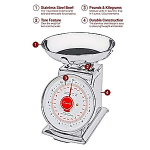 Escali DS115B Mercado Retro Classic Mechanical Dial Stainless Steel Scale, Removeable Bowl, Tare Functionality, 11lb Capacity, Stainless