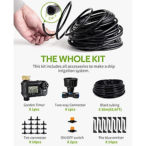 HIRALIY 65FT Automatic Drip Irrigation Kits with Garden Timer, 1/4" Blank Tubing and 4-outlets Misting Watering Nozzles, Auto Plant Watering System for Patio Lawn, Watering Regularly by Timer