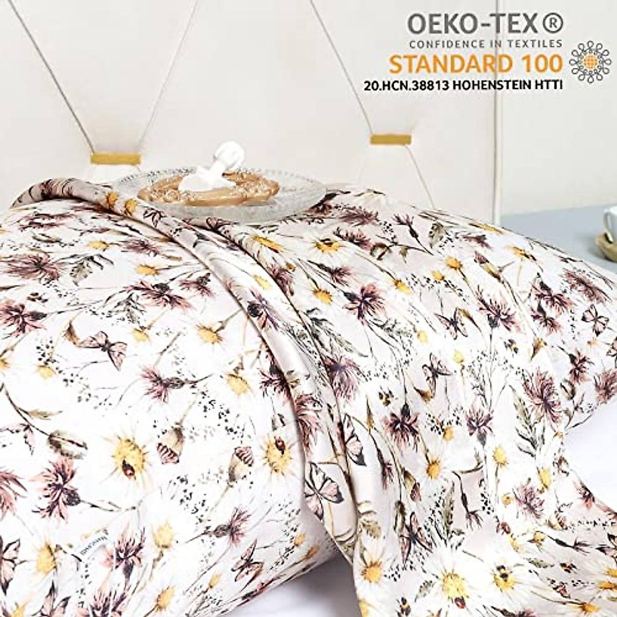 FELYSIK Butterfly Floral Silk Pillowcase for Hair and Skin Standard 20"x26", 22 Momme Mulberry Silk Khaki Flower Print Pillow Cases with Zipper