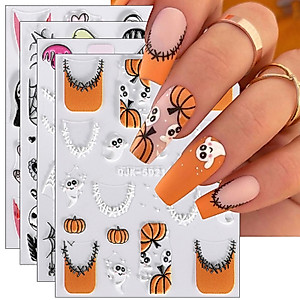 JMEOWIO 3D Embossed Halloween Nail Art Stickers Decals Self-Adhesive Pegatinas Uñas 5D Ghost Pumpkin Spook Nail Supplies Nail Art Design Decoration Accessories 4 Sheets