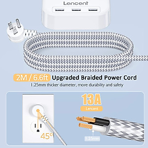 LENCENT Power Strip with USB, 3 Outlet 3 USB Charging Ports (17W/ 3.4A), Flat Plug with 6.6ft Braided Extension Cord, Desktop & Wall Mountable, Compact for Cruise Ship, Travel, Home, Office-ETL LISTED