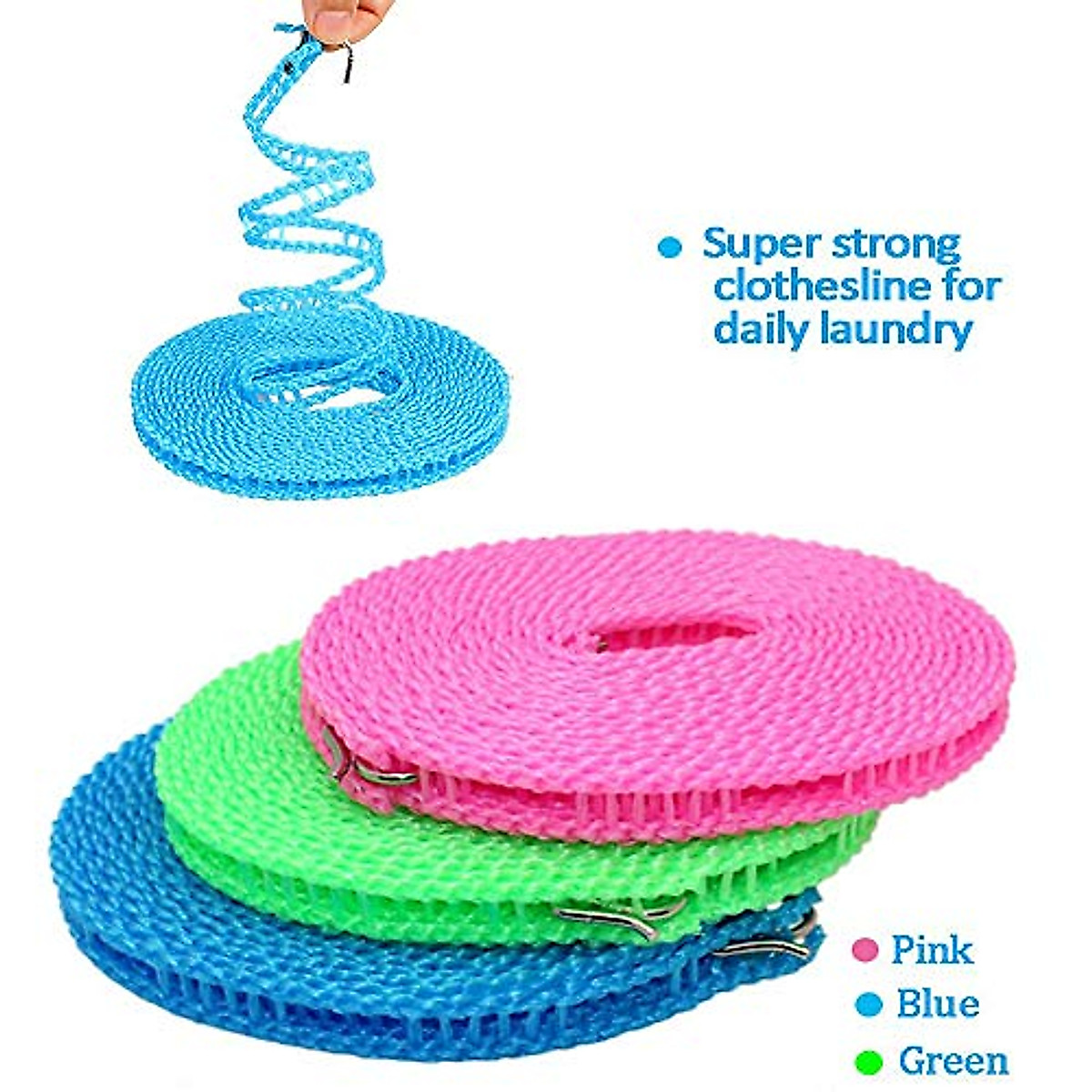 Foshine Clotheslines 3 Pack Blue Pink Green 1.64ft Length Camping Clothesline Clothes Drying Rope Portable Windproof Travel 5m Clothesline for Indoor Outdoor Laundry Windproof Clothes Line