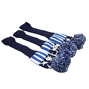 Golf Builder 3pcs/Set USA Stars and Stripes Knitted Golf Head Covers Sock Covers Pom Pom Covers for Driver Fairway Wood (Blue)