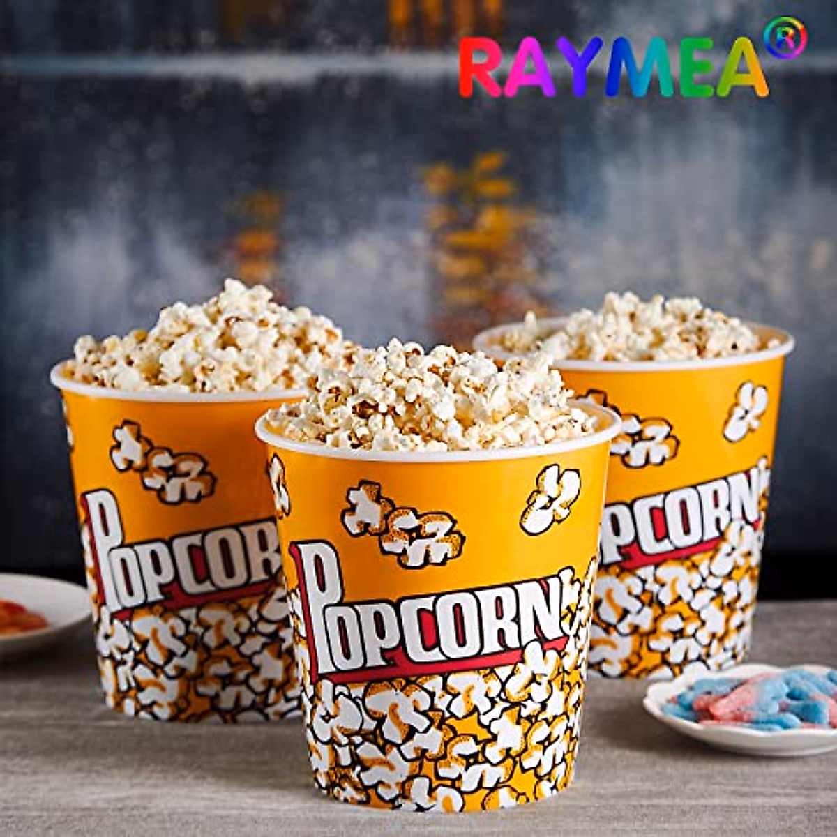 RAYMEA Plastic Popcorn Containers Retro Style Reusable Popcorn Buckets for Movie Night 7.1”x7.1”x5.1” (5 Pack)