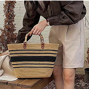 Women Straw Large Tote Bag Retro Bamboo Handle Strip Beach Handbag Summer Woven Handmade Elegant Travel Purse