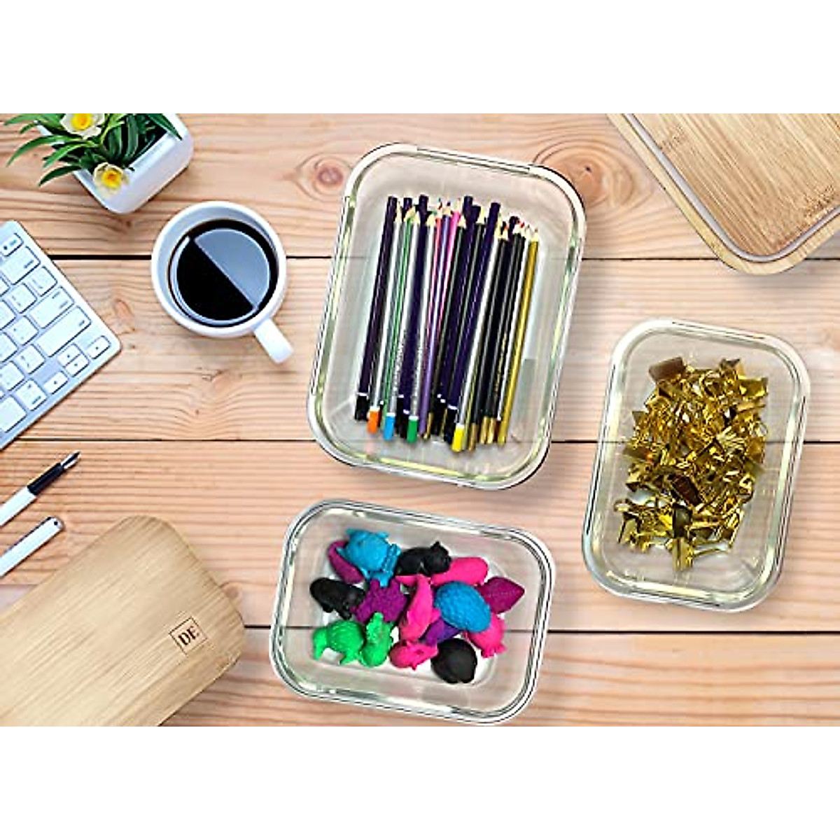 DE Plastic-Free Glass Food Storage Containers with Eco-Friendly Bamboo Wooden Lids, Set of 4 Pantry Organization Ideal for Flour, Sugar, Coffee, Teabags, Pasta, Candy, Snack and Various Dried Foods